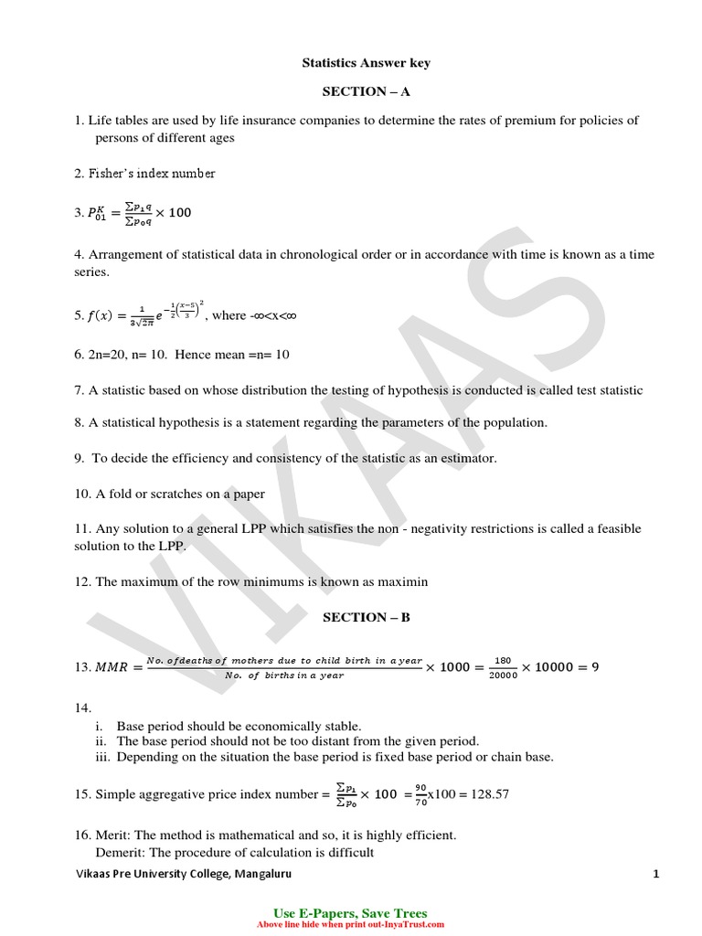 Statistics Exam Key Answer | PDF