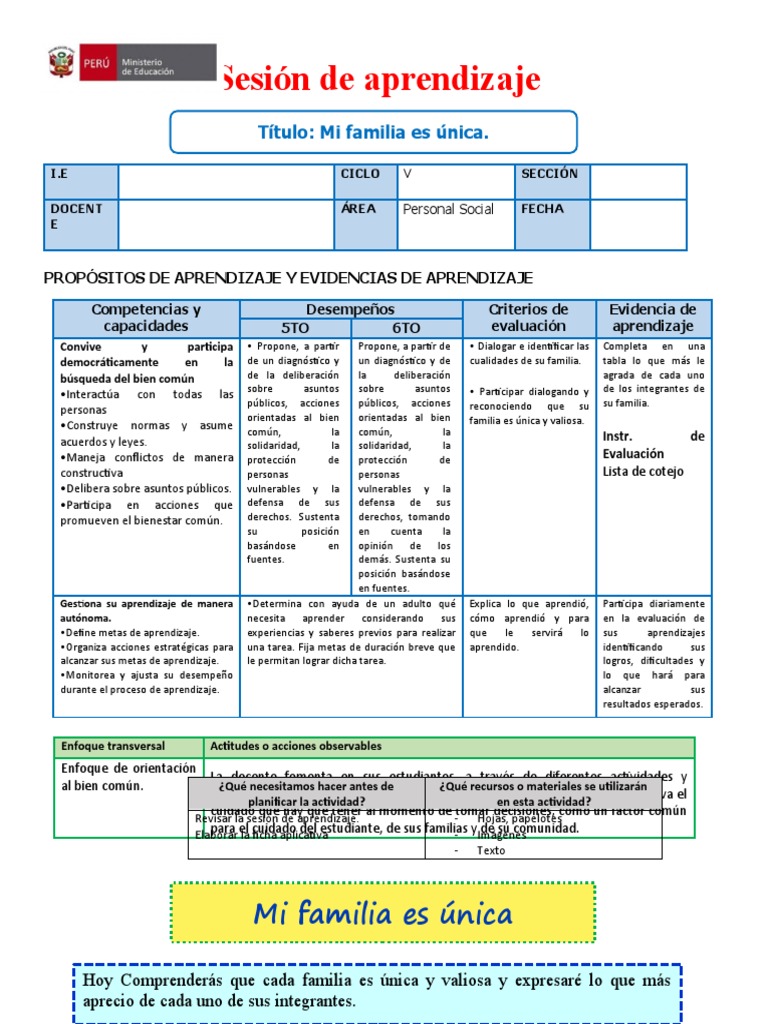 Sesión - Mi Familia Es Única | PDF | Evaluación | Aprendizaje