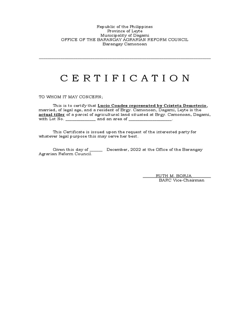 Certificate of Actual Tiller | PDF