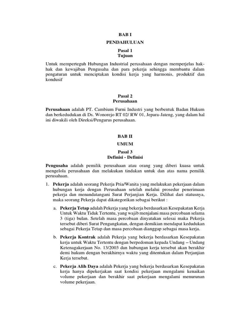 Draft - Peraturan Perusahaan (PP) - CFI | PDF