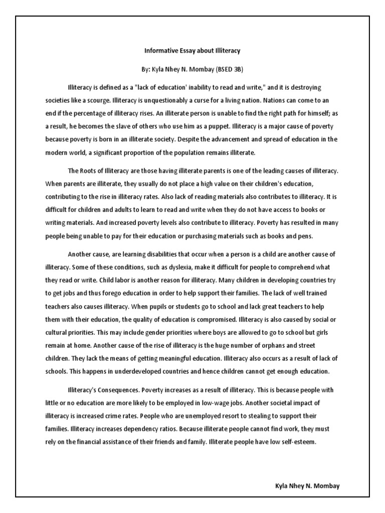 Informative Essay About Illiteracy (KNM - BSED3B) | PDF | Literacy ...
