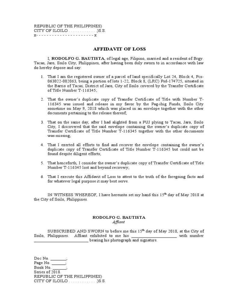 Affidavit of Loss: Rodolfo G. Bautista | PDF | Affidavit | Legal Procedure