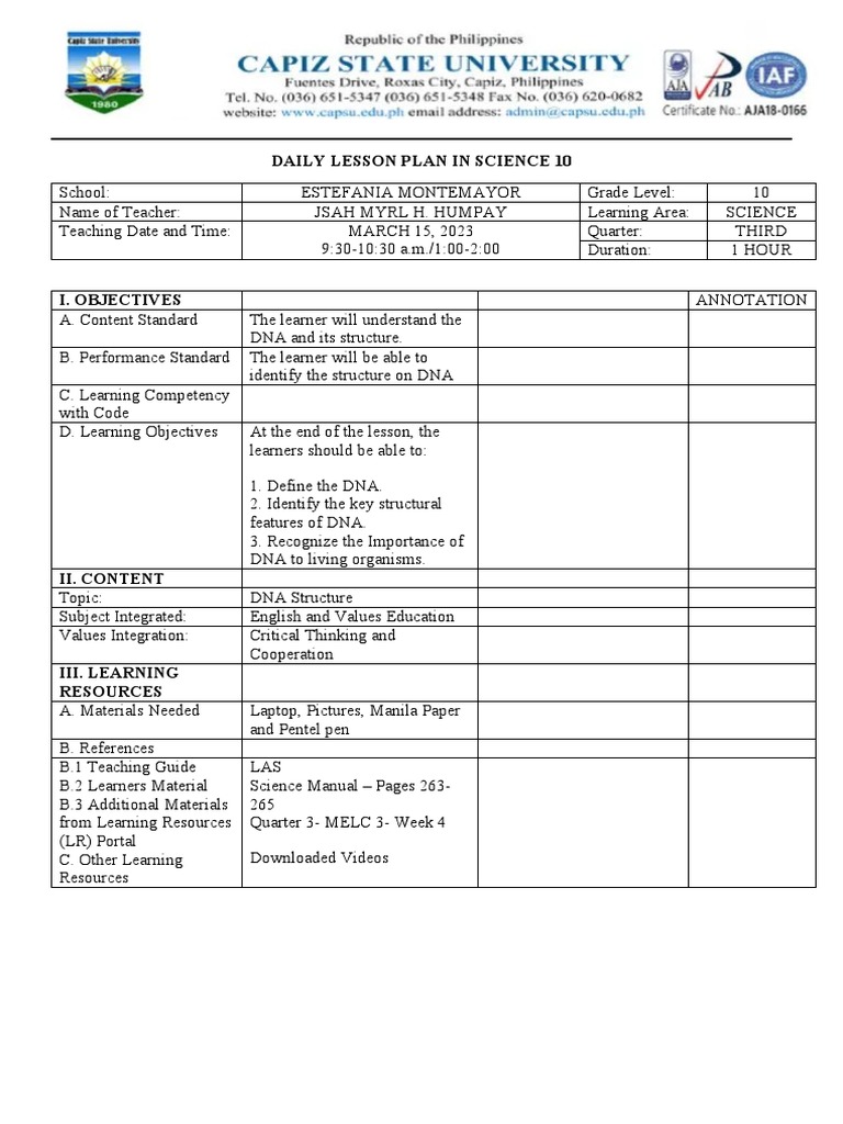 Daily Lesson Plan in Science 10.dna | PDF | Dna | Organic Compounds