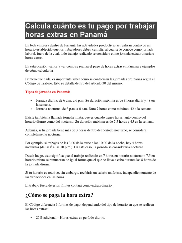 Calcula Cuánto Es Tu Pago Por Trabajar Horas Extras en Panamá | PDF | Tiempo extraordinario ...