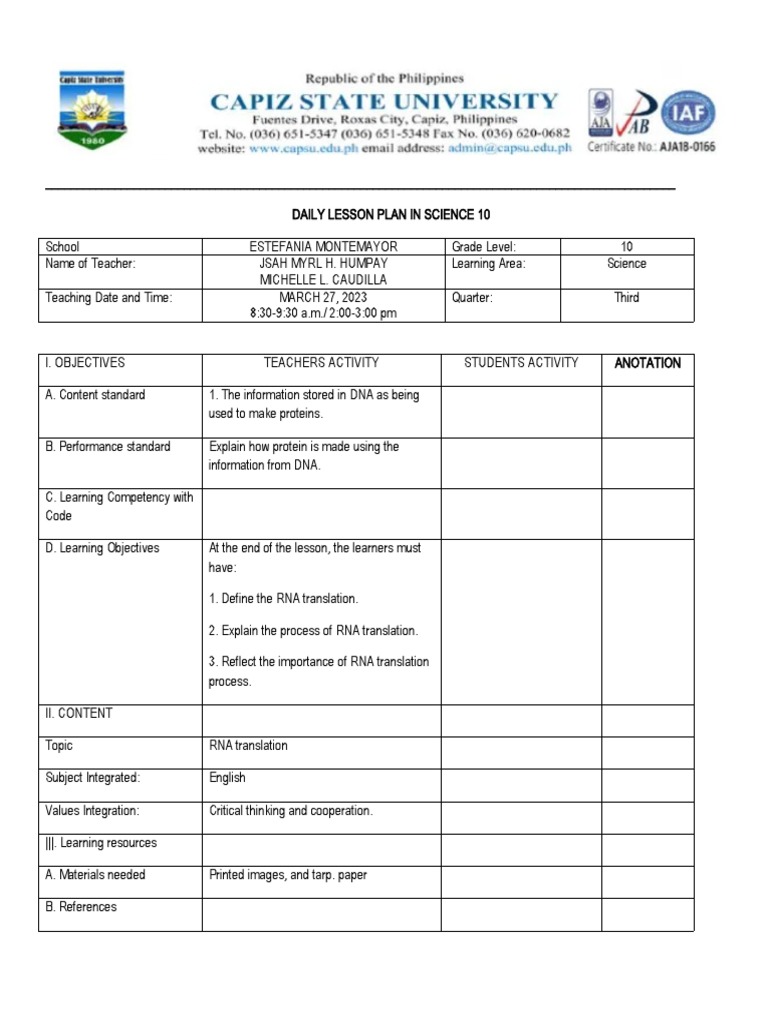 Daily Lesson Plan 10 (Translation) | PDF | Translation (Biology ...