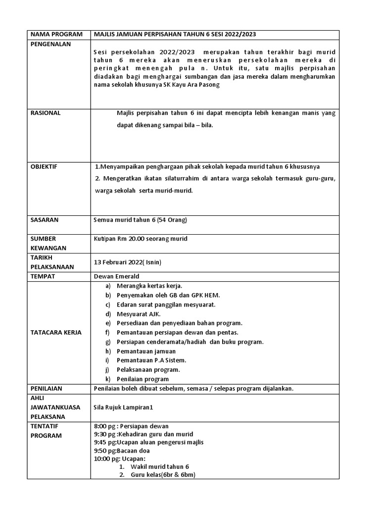 Jamuan Perpisahan Tahun 6 2022/2023 | PDF