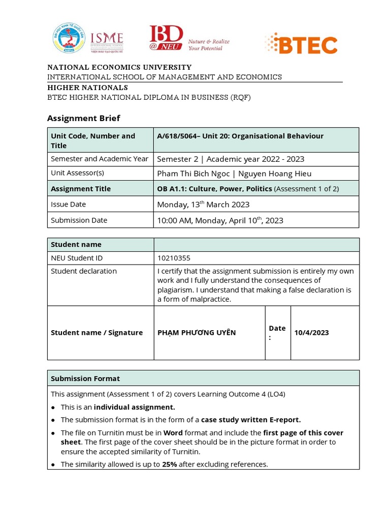 OB Verified - Assignment Brief 1.1 - New Form - 2023 | PDF | Organizational Culture | Power ...