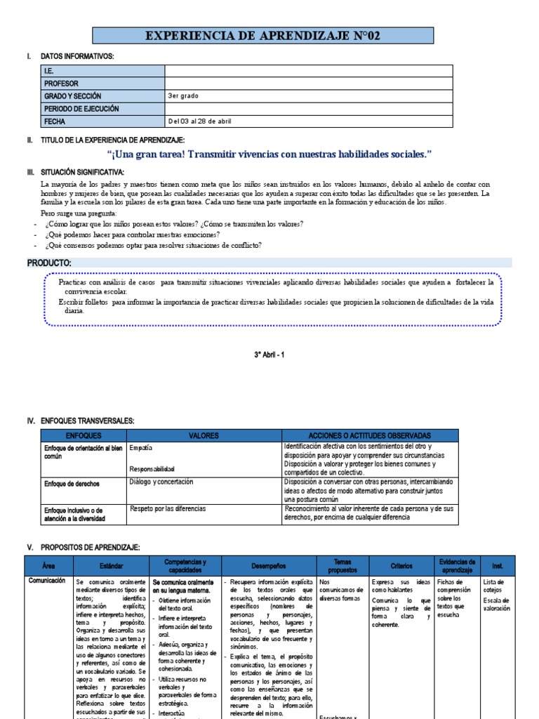 Experiencia de Aprendizaje N°02: "¡Una Gran Tarea! Transmitir Vivencias Con Nuestras Habilidades ...