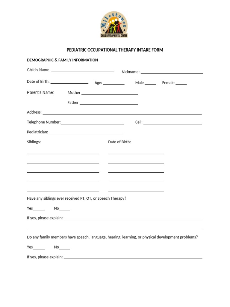 PediOT Intake Form | PDF | Self-Improvement | Lifestyle