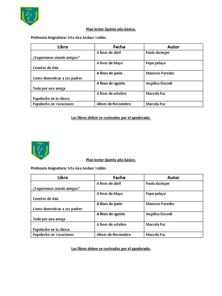 Plan Lector Quinto Año Básico | PDF