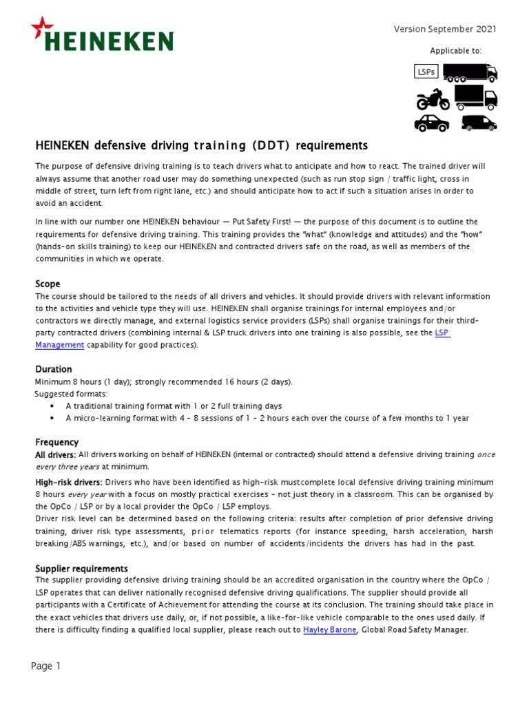 Defensive Driving Training Requirements - HEINEKEN | PDF | Driving | Risk