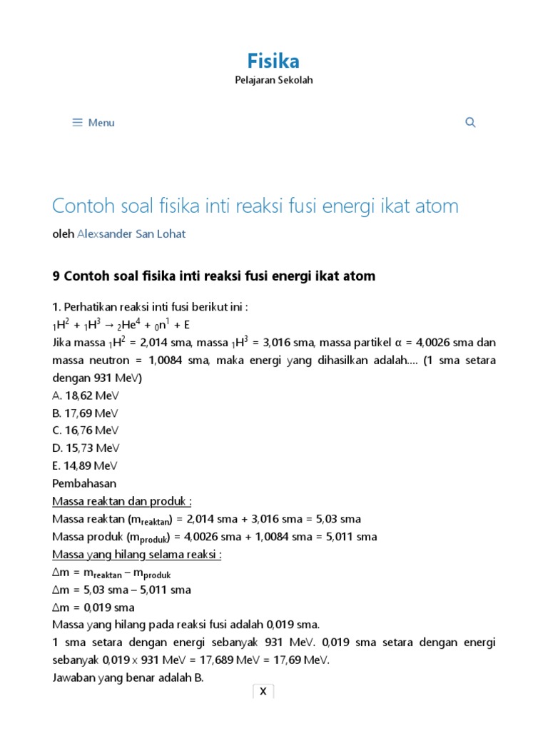 Fisika: 9 Contoh Soal Fisika Inti Reaksi Fusi Energi Ikat Atom | PDF