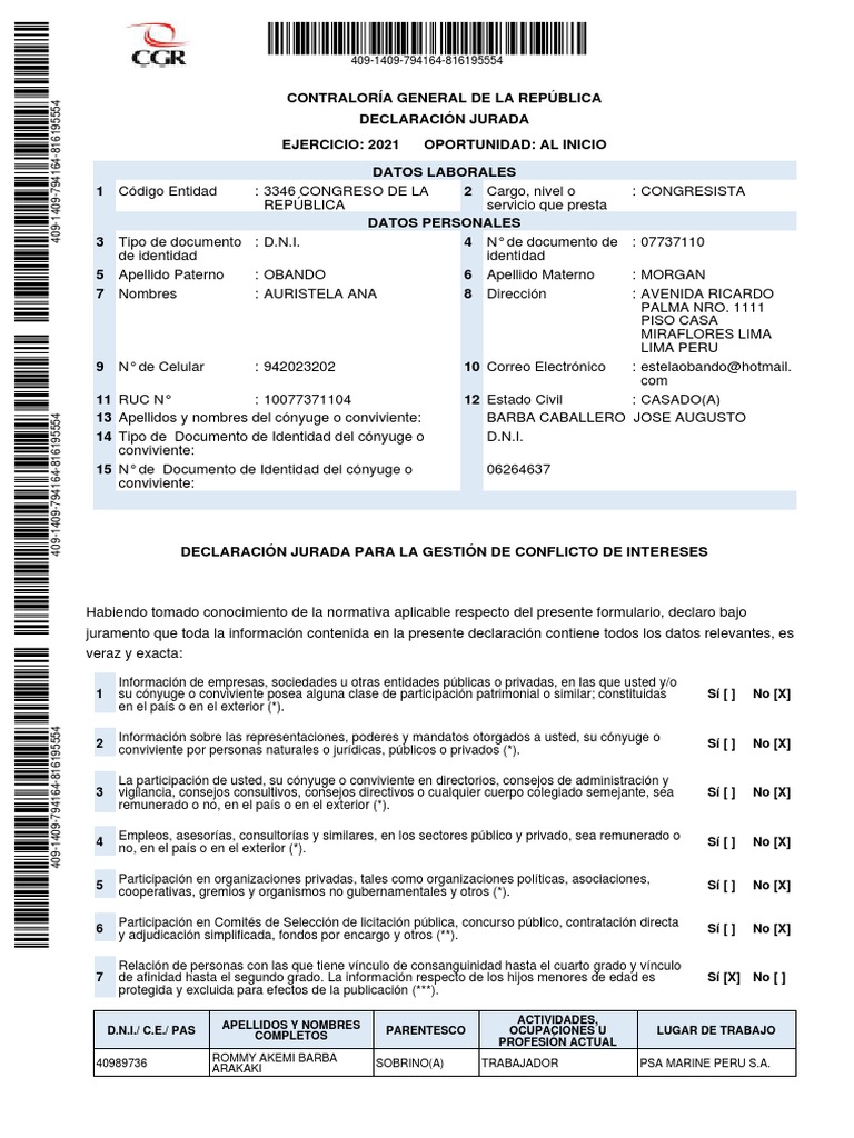 Declaración Jurada Auristela Obando | PDF