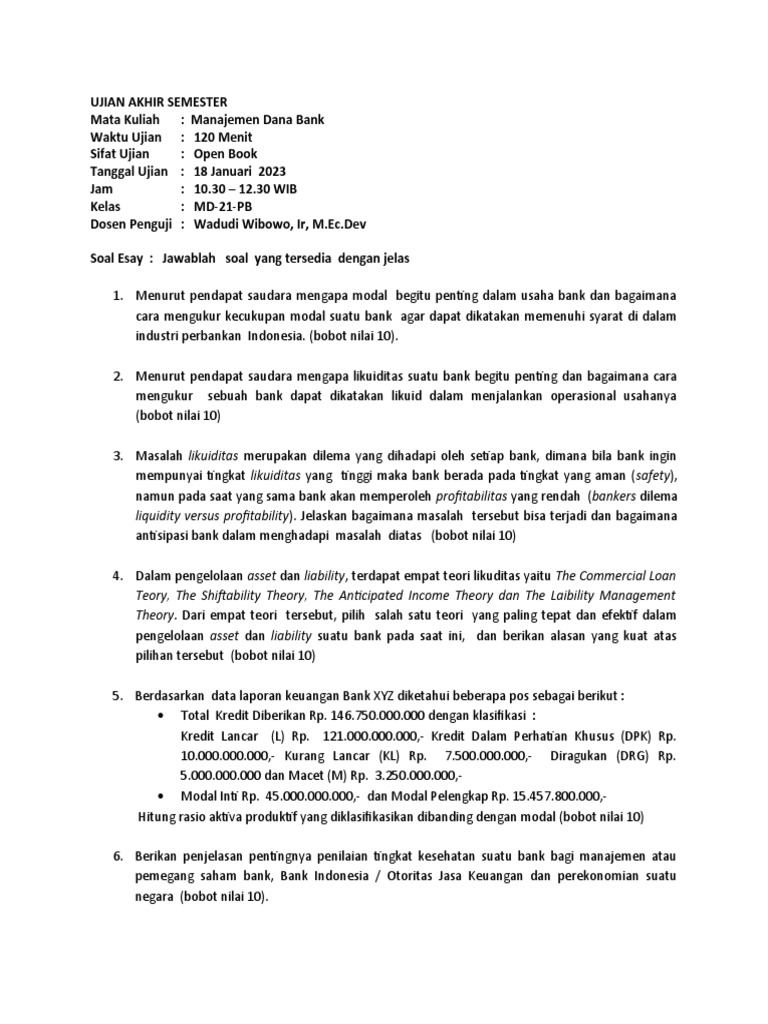 Soal UAS Ganjil 2022 - 2023 Manajemen Dana Bank MD-21-PB | PDF