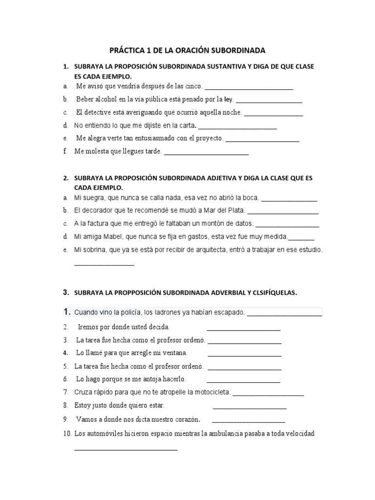 Práctica 1 de La Oración Subordinada | PDF