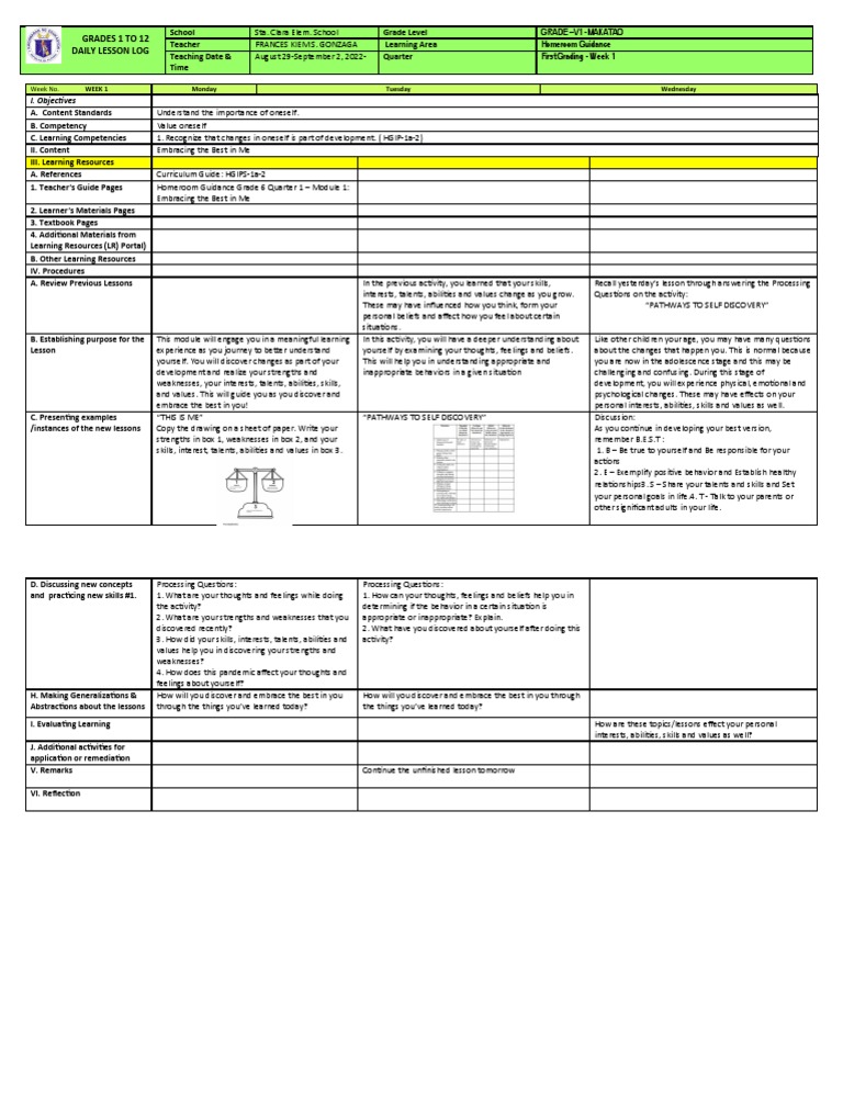 Grade 6 Homeroom Guidance: Week 1 | PDF | Thought | Feeling