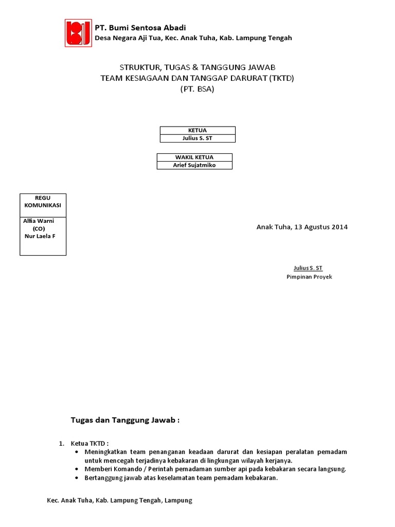 Struktur, Tugas & Tanggung Jawab Team Kesiagaan Dan Tanggap Darurat (TKTD) (PT. BSA) | PDF