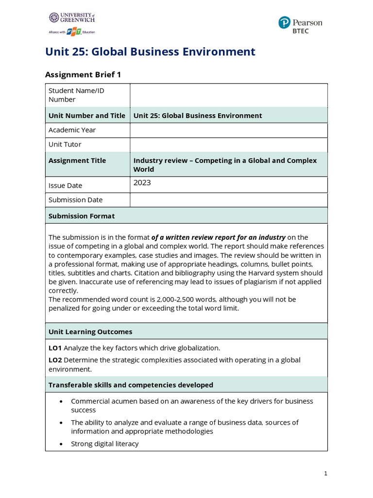 Unit 25: Global Business Environment: Assignment Brief 1 | PDF ...