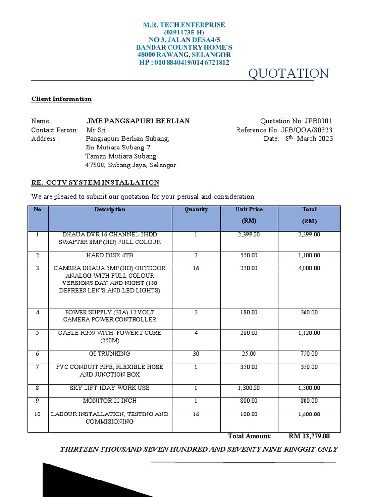 Quotation: Client Information JMB Pangsapuri Berlian | PDF | Equipment