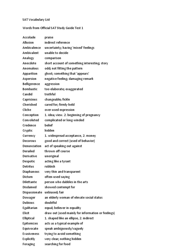 SAT Official Vocabulary List - 01 - 10 | PDF | Anger | Cognitive Science