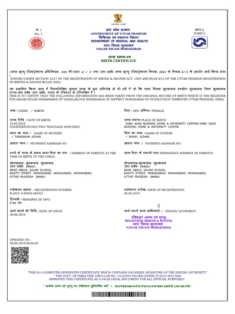 Birth Certificate: Government of Uttar Pradesh | PDF