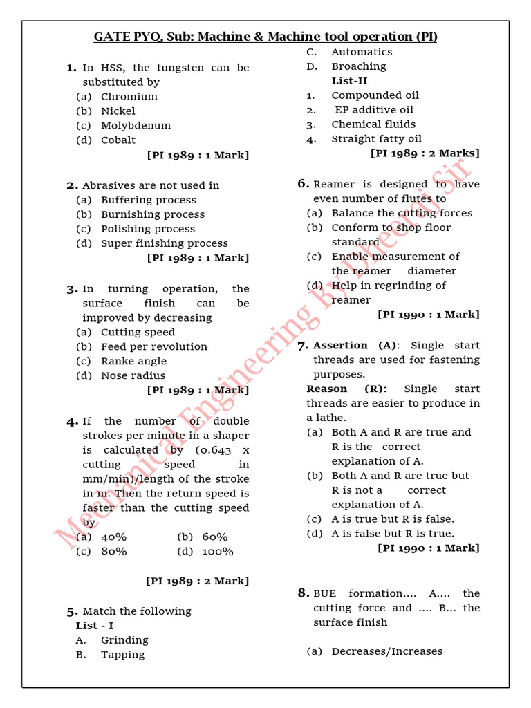 Machining and Machine Tool Operation PI GATE 2020 Previous Year With ...