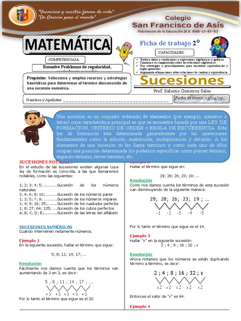 Ficha de Trabajo: Resuelve Problemas de Regularidad, Equivalencia y ...