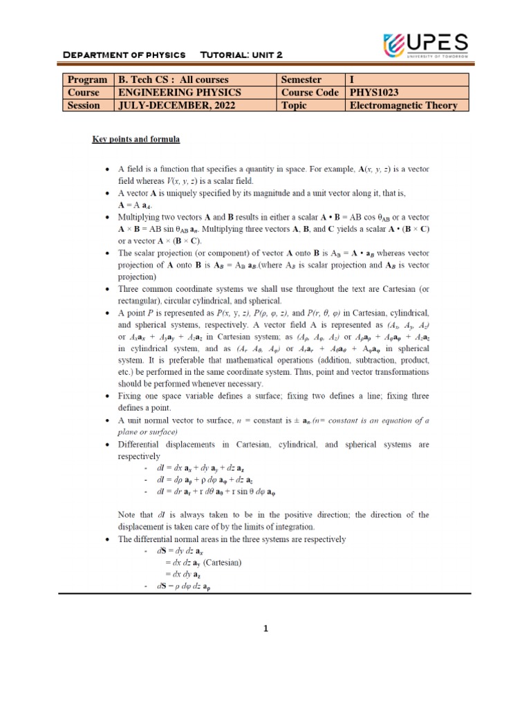 Tutorial (Unit 2) | PDF | Electric Field | Physics