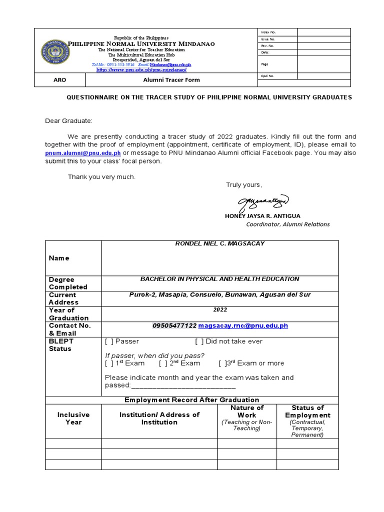 Form For Tracer Study PNU Min | PDF | Behavior Modification | Communication