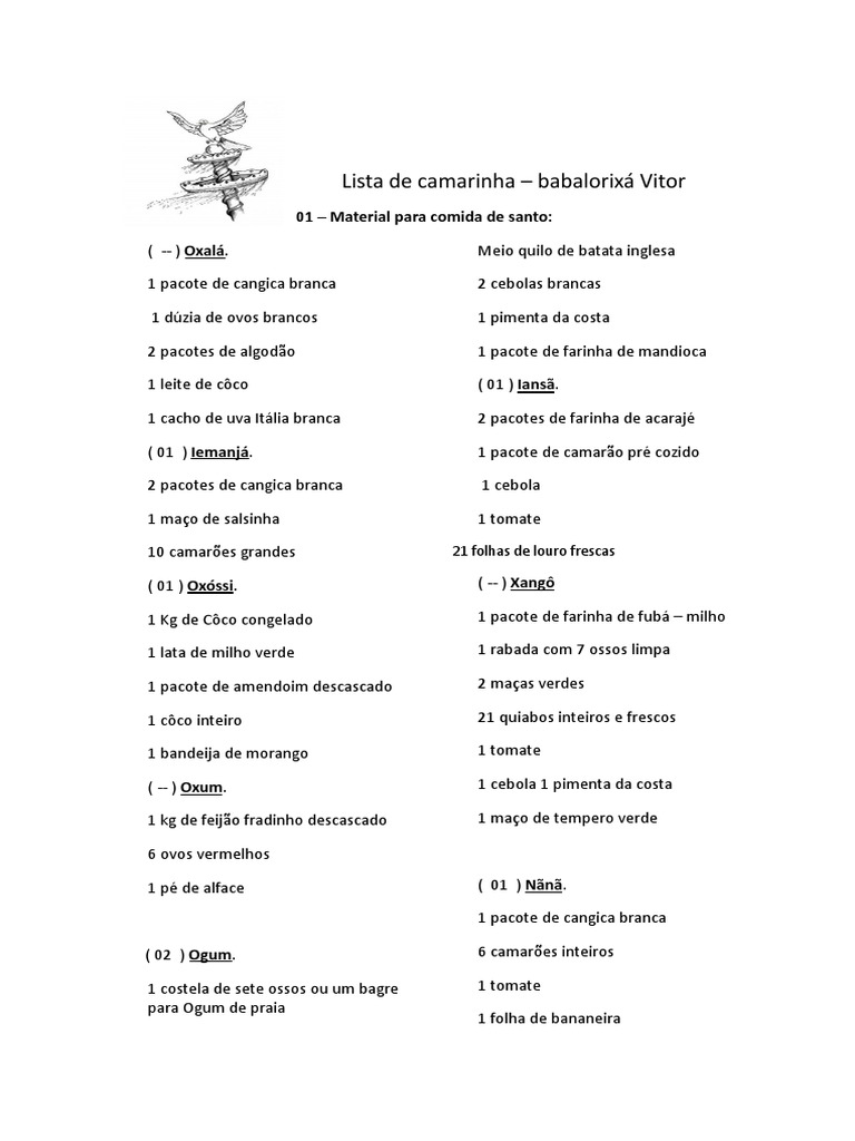 Lista de Camarinha Pai Pequeno Henrique | PDF | Milho | Alimentos
