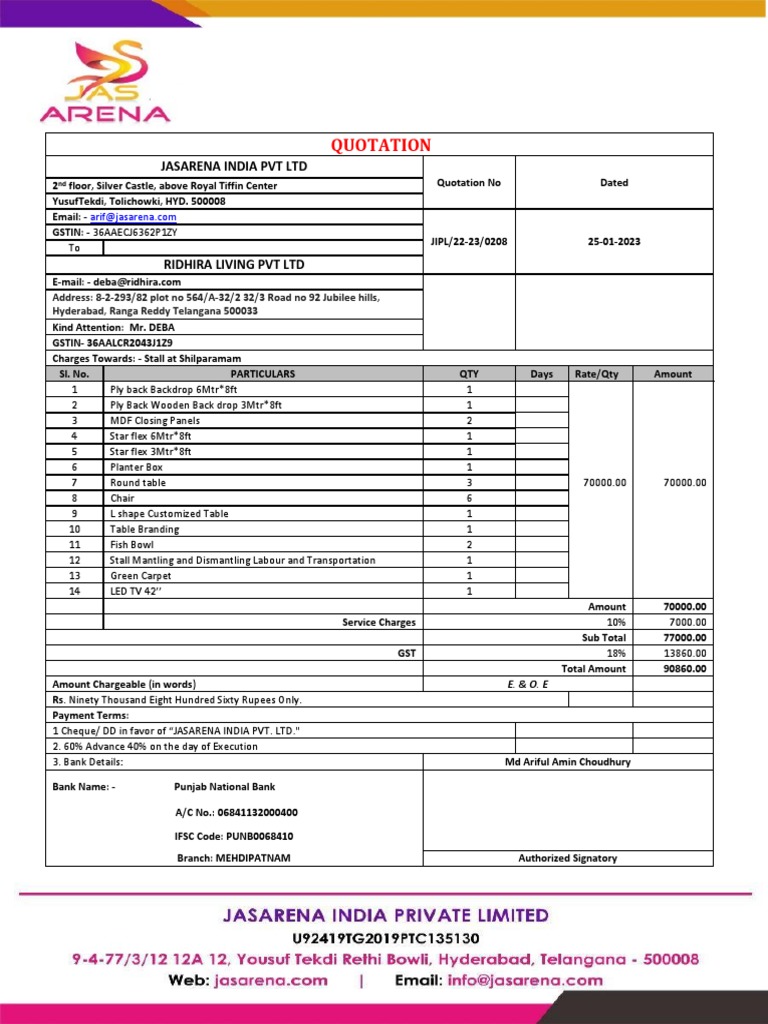Quotation 208 Ridhira Stall | PDF | Banking | Economy Of India