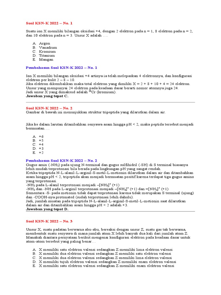 Soal KSN Kimia Dan Pembahasan Tingkat Kab. 2022 | PDF
