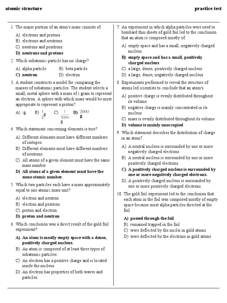 Atomic Structure Practice Test Answer Key | PDF | Atoms | Atomic Nucleus