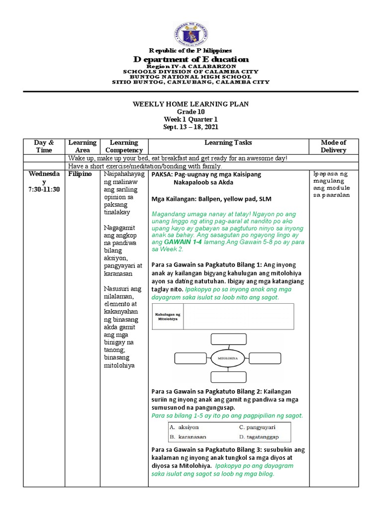WHLP-Week 1 -FILIPINO 10 | PDF