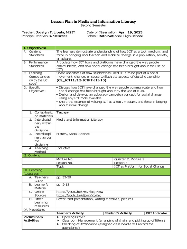 Lesson Plan in Media and Information Literacy: I. Objectives | PDF ...