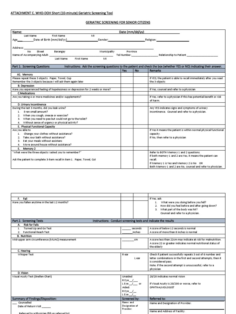 Doh Geriatric Screening Form | Download Free PDF | Visual Acuity ...