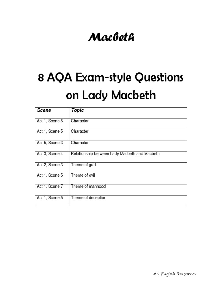 Macbeth 8 AQA Exam-Style Questions On Lady Macbeth: Scene Topic ...