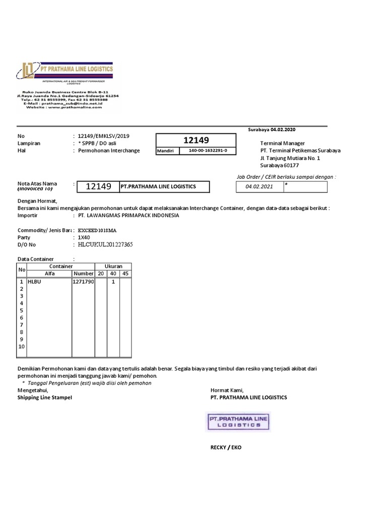 Permohonan Interchange Container PT Prathama | PDF
