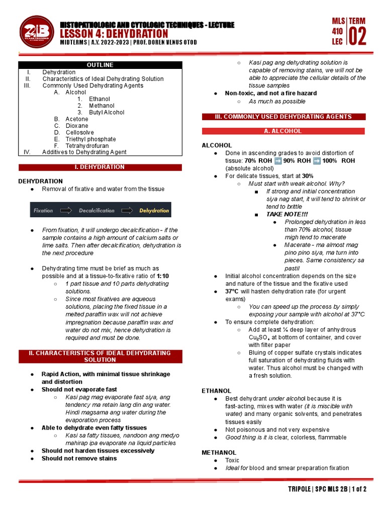 Dehydration - SPC MLS 2B - Histopath Lec | PDF | Ethanol | Fixation ...