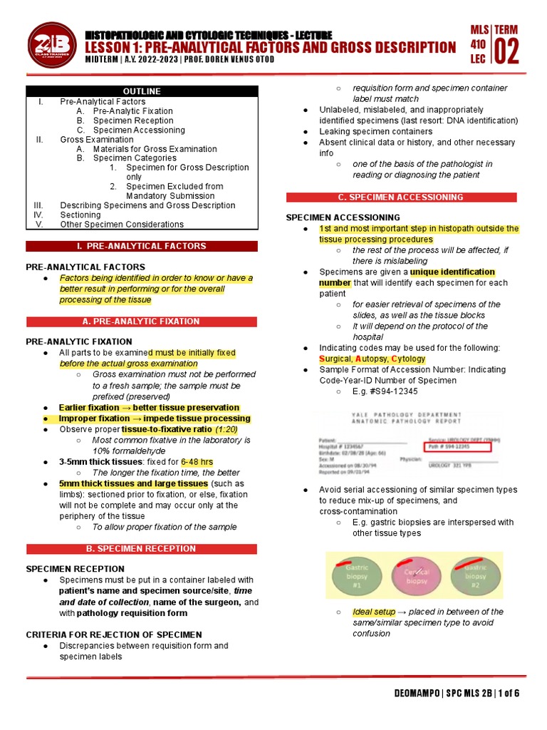 Lesson 1: Pre-Analytical Factors and Gross Description: Histopathologic and Cytologic Techniques ...