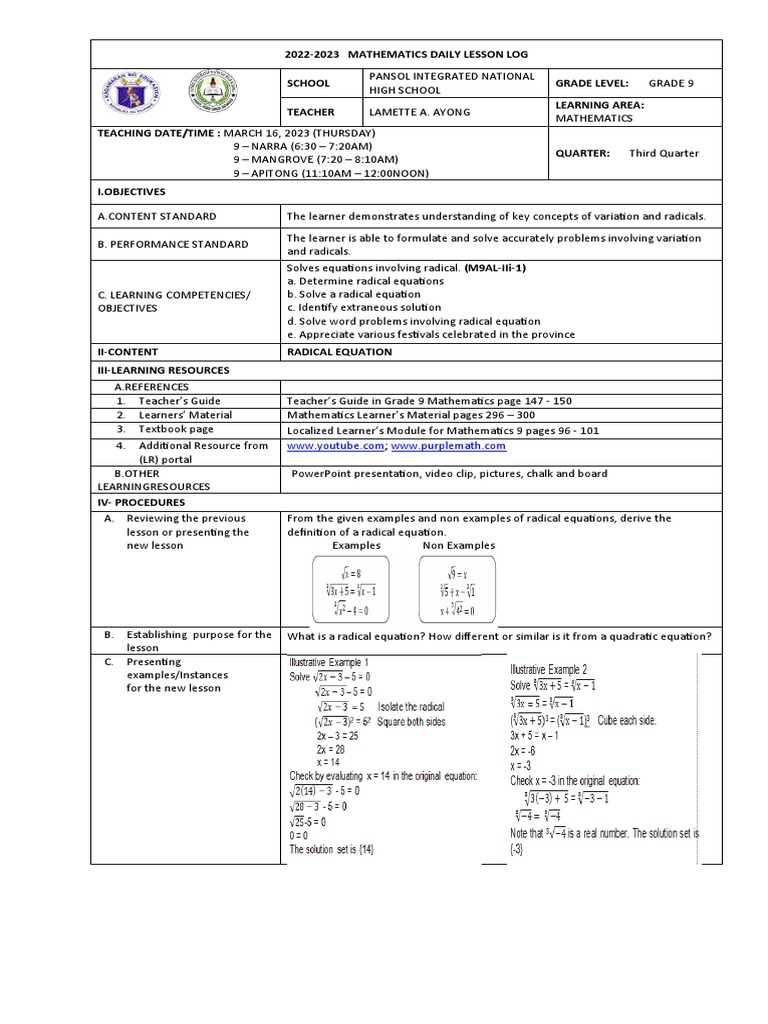 Grade 9 Mathematics Lesson on Radicals | PDF | Equations | Mathematics