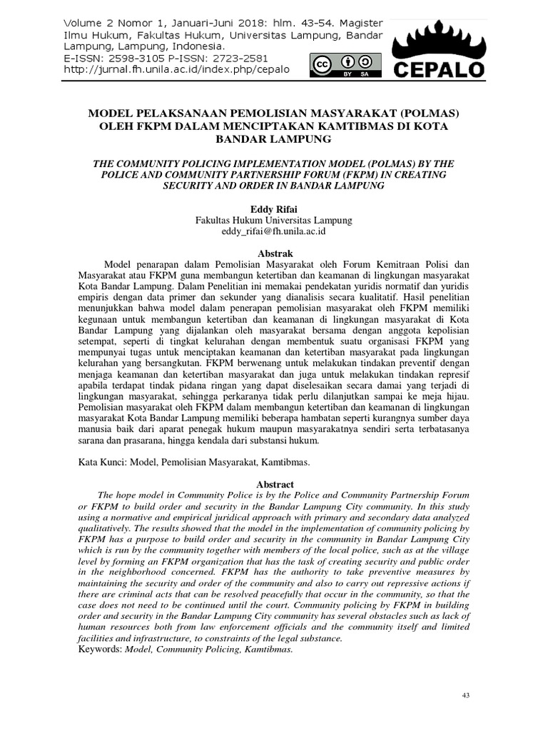 Model Pelaksanaan Pemolisian Masyarakat (Polmas) Oleh FKPM Dalam Menciptakan Kamtibmas Di Kota ...