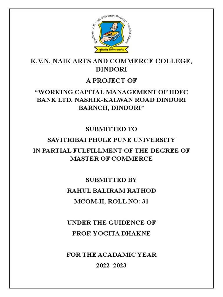 Working Capitral of HDFC BANK Final Project | PDF | Working Capital | Banks