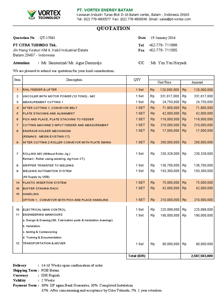 Quotation for an Automated Pipe Production Line from PT Vortex Energy Batam to PT Citra Tubindo ...