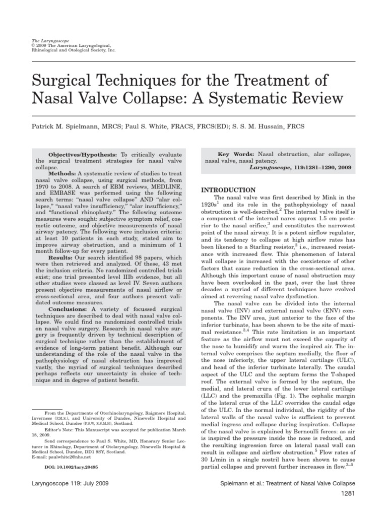 Surgical Techniques For The Treatment of Nasal Valve Collapse: A ...