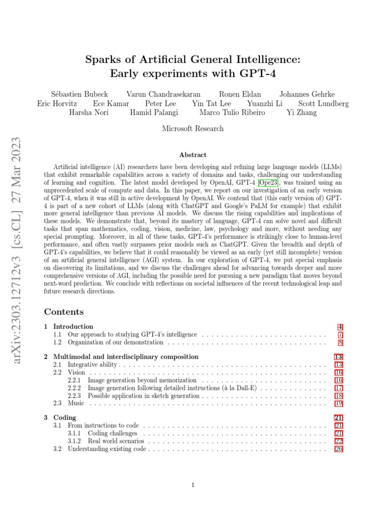 Sparks of Artificial General Intelligence: Early Experiments With GPT-4 | PDF | Artificial ...