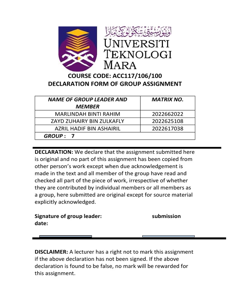 COURSE CODE: ACC117/106/100 Declaration Form of Group Assignment | PDF ...