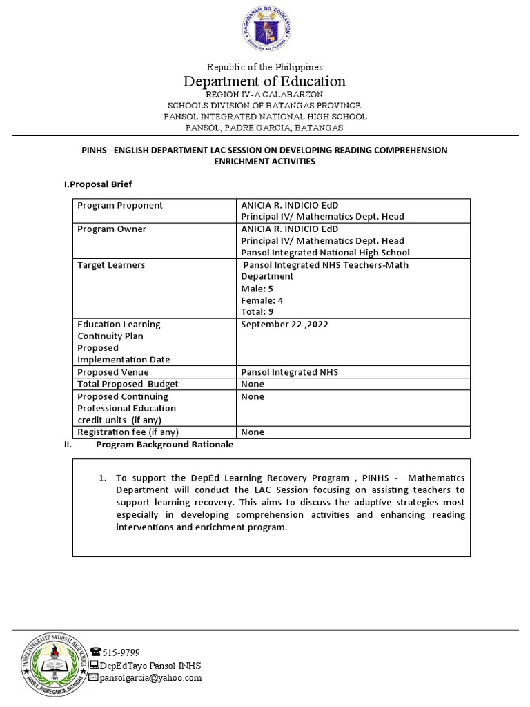 LAC Session Proposal 2022 English Department | PDF | Reading Comprehension | Learning