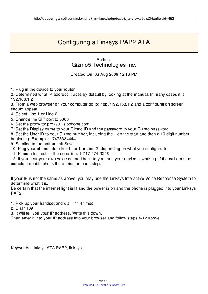 Configuring A Linksys PAP2 ATA | PDF | Computers | Technology & Engineering
