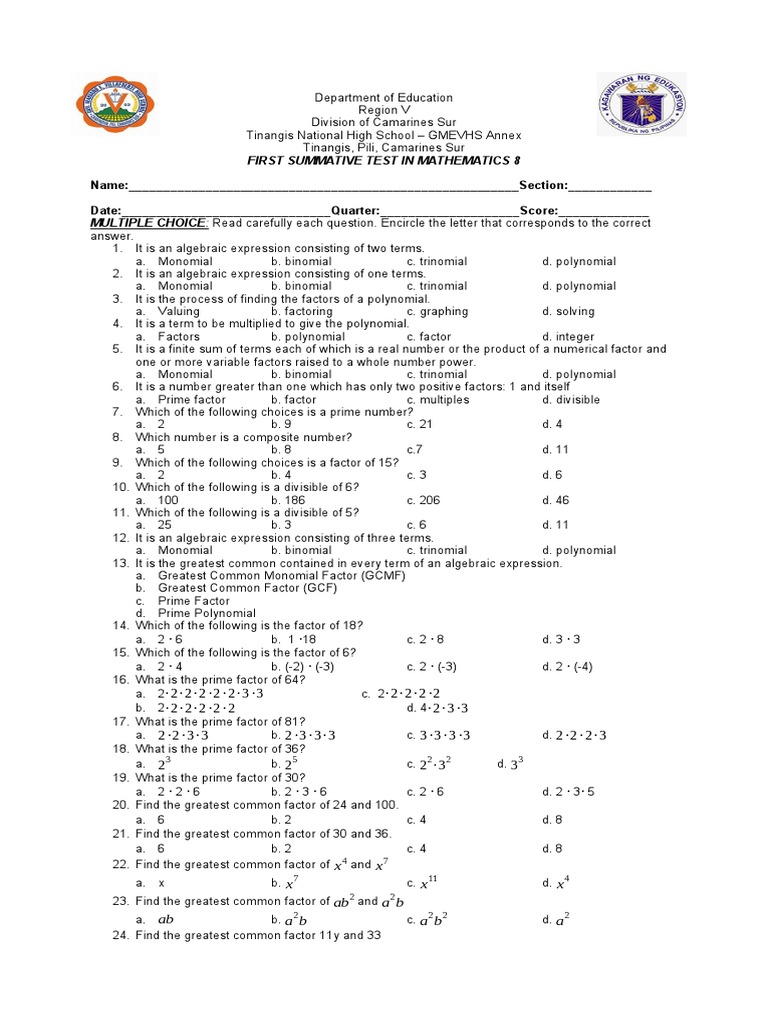 MATH 8 Exam 1Q | PDF | Factorization | Polynomial